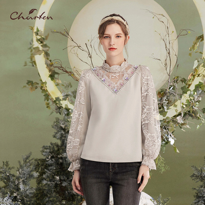 优雅轻奢花瓣领长袖针织上衣女