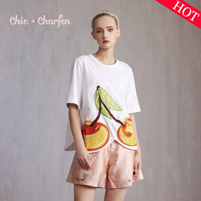 夏季可爱樱桃印花针织棉女T恤