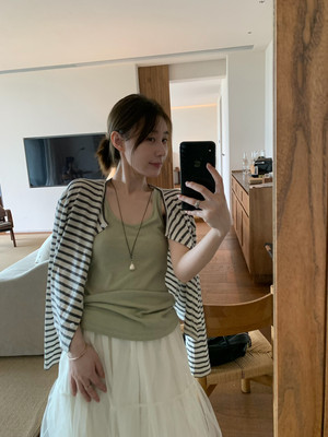 Focuse正品～条纹薄款开衫小衫洋气外套亚麻百搭韩系26早春新款