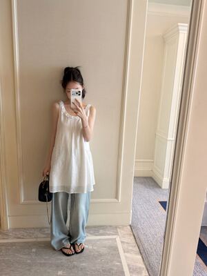 oker章壳儿正品～木耳边提花无袖连衣裙短款白色百搭A876