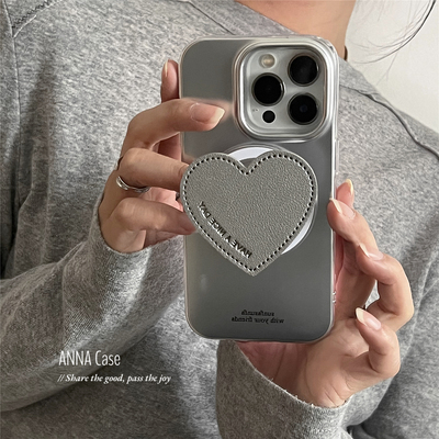 韩国甜酷银色爱心磁吸支架手机壳