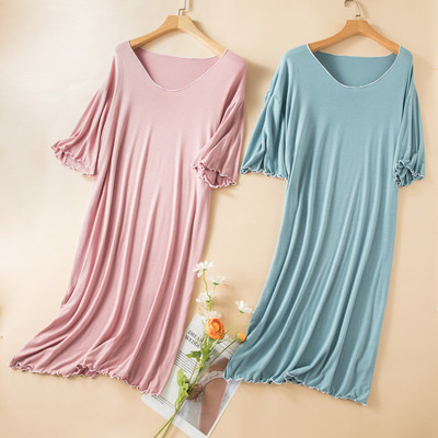 莫代尔连衣裙女夏宽松a字裙薄款纯色圆领睡裙可外穿大码花边长裙