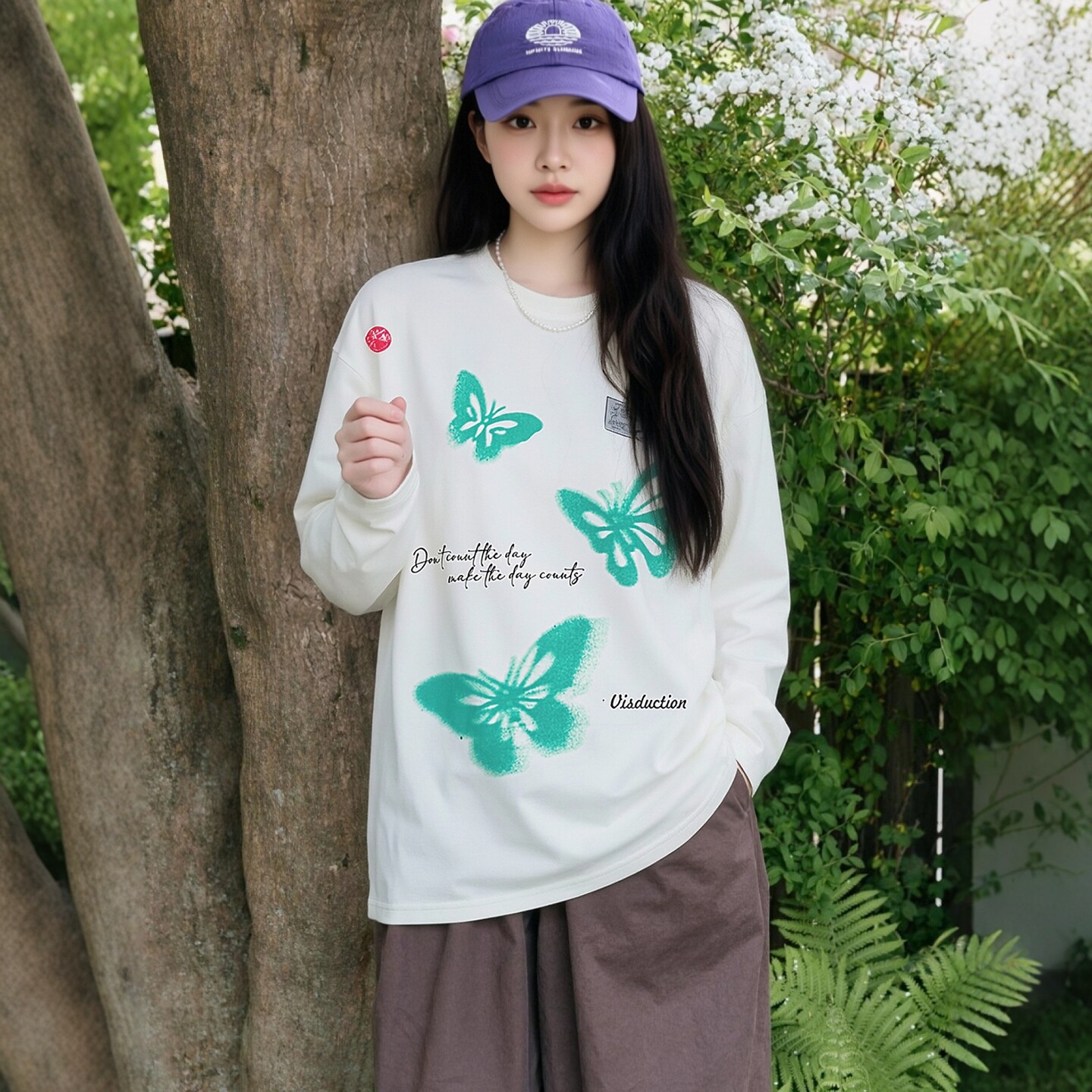 韩系少女风蝴蝶印花长袖T恤女潮牌宽松圆领百搭休闲慵懒情侣上衣