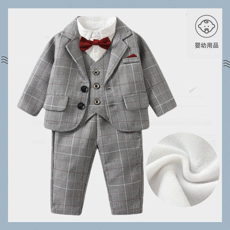 男孩周岁套装儿童春装礼服加绒保暖周岁小西装四件套童装演奏服装