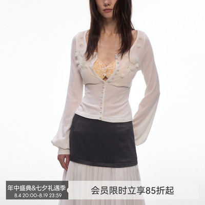 【晨雾花园】BiLLconch白色手工订花针织开衫修身薄款纯欲风上衣