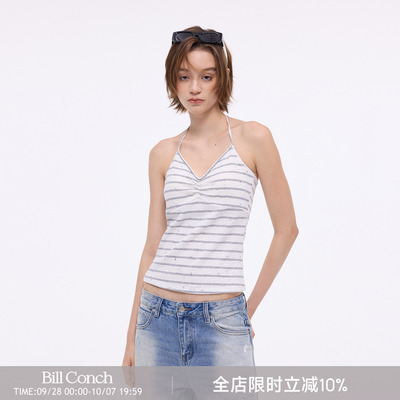【闪闪星】BiLLconch灰白条纹吊带v领修身外穿背心自带胸垫