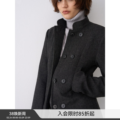 【赫本记忆】BiLLconch黑色经典立领毛呢外套收腰显瘦西装大衣女