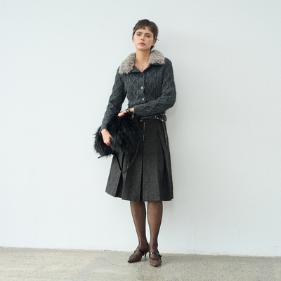 【漫步常青藤】BiLLconch羊毛混纺彩点肌理感半裙A字廓形百褶裙女