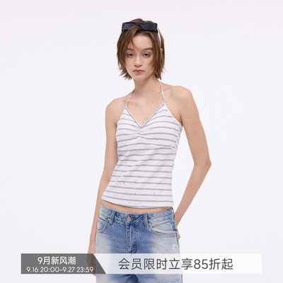 【闪闪星】BiLLconch灰白条纹吊带v领修身外穿背心自带胸垫