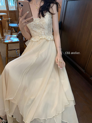 迟伞伞2022年夏季米白色纱裙