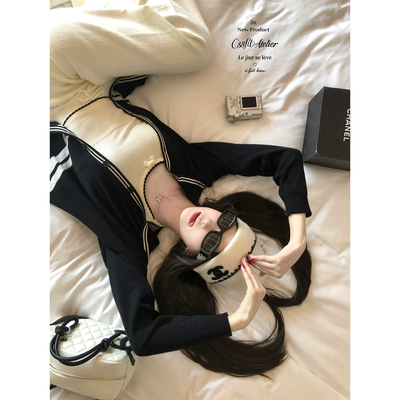 迟伞伞dio*黑白撞色条纹羊毛开衫