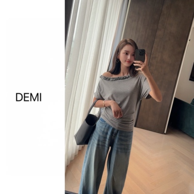 MISS RUILI定制 新款褶皱不规则显瘦收腰花边领子短袖上衣F1880