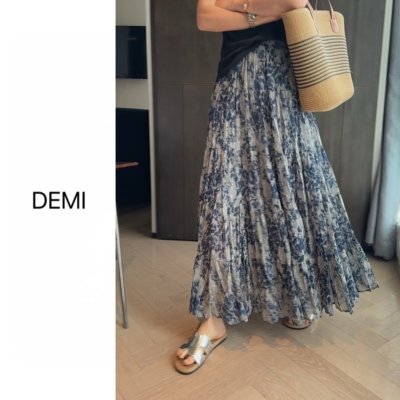 MISS RUILI定制 新款碎花长裙女高腰显瘦休闲a字百褶半身裙F1929