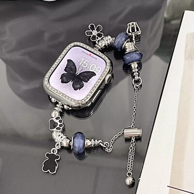 适用applewatch11表带女串珠手链苹果手表表带iwatch10金属s9高级