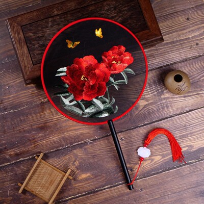 Double sided embroidery wrapped silk edge retail stall fan,