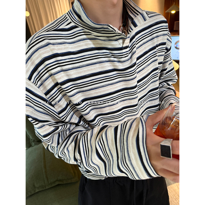 ESC MAN STUDIO/自制 精致感小立领彩色条纹休闲宽松长袖T恤上衣