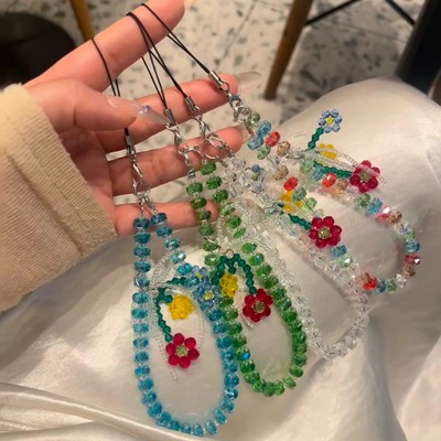 原创自制彩色花朵串珠链挂绳汽车钥匙扣包包挂件相机挂饰清新