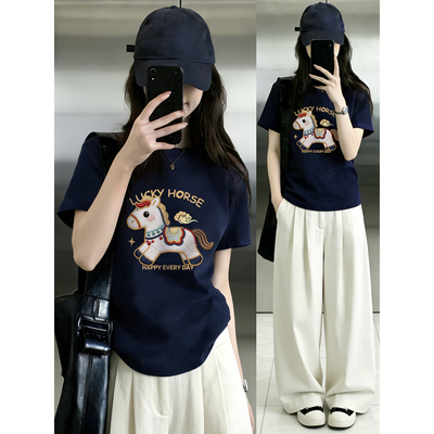 藏蓝色小马印花2026春夏正肩短袖t恤女胖mm大码遮肉圆领洋气上衣