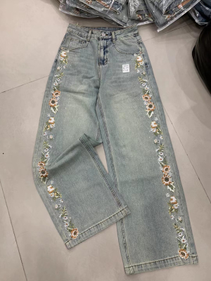 JEANS 6251 欧货2026春季新款阔腿直筒裤刺绣高腰显瘦牛仔长裤潮