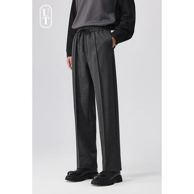 高级宽松直筒西装裤犀牛折松紧腰休闲西裤男士垂感春秋季长裤子男