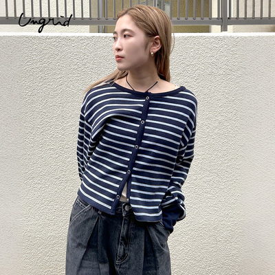 Ungrid2025年春季圆领条纹针织开衫女华夫格面料横条衫1125229249