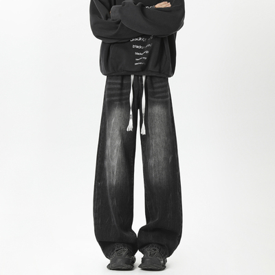 bootcut黑色抽绳牛仔裤男秋冬美式复古提档版型高腰水洗阔腿裤子