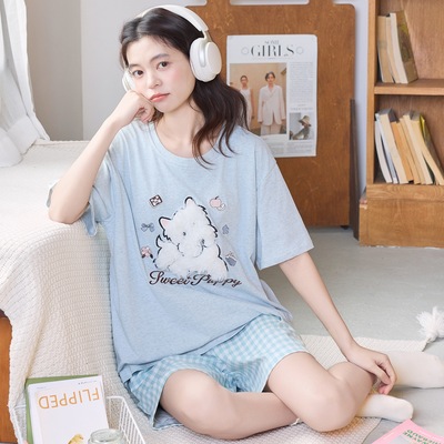 卡通绒偶睡衣女生2026夏季带胸垫短袖短裤宽松甜美可爱家居服套装