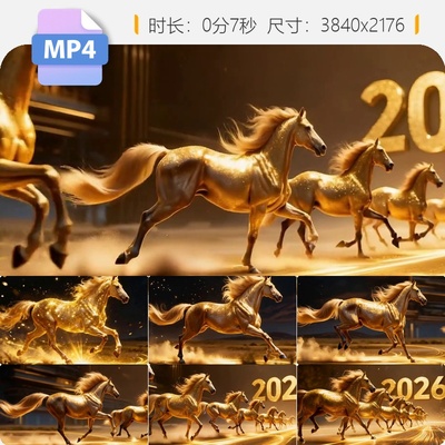 高清金色马年奔跑动态金色骏马2026新年庆典金色粒子马群视频素材