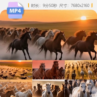 高清万马奔腾led背景马年草原骏马奔跑夕阳红色天空壮观视频素材