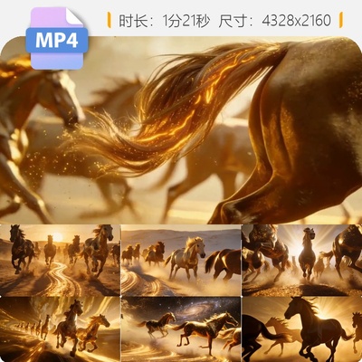 高清金色骏马奔腾万马奔腾粒子马金色大屏背景梦幻场景视频素材