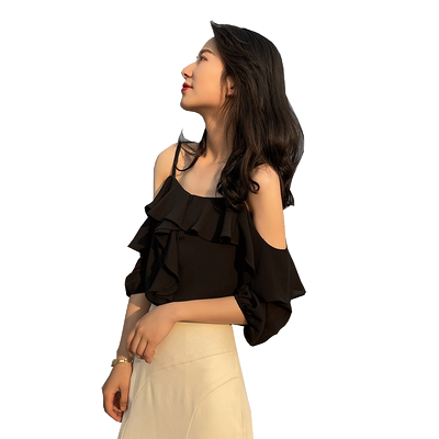 雪纺一字肩女夏性感轻熟碎花吊带