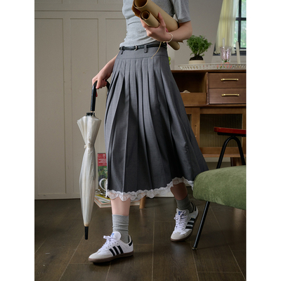 SimpleRetro 蕾丝风琴 撞色花边百褶半身裙女春高腰百搭西装裙子