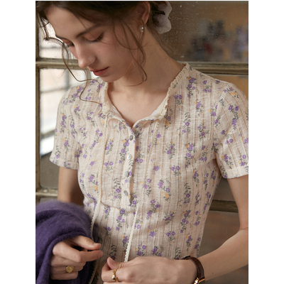 SimpleRetro法式复古肌理碎花针织T恤女短袖花边领上衣