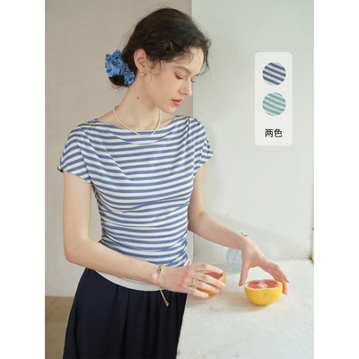 SimpleRetro海盐夏日 天丝羊毛一字领微荡领条纹t恤女收腰上衣