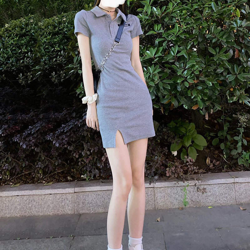 灰色包臀裙甜辣套装polo性感紧身洋装夏季辣妹裙子女纯欲风女装