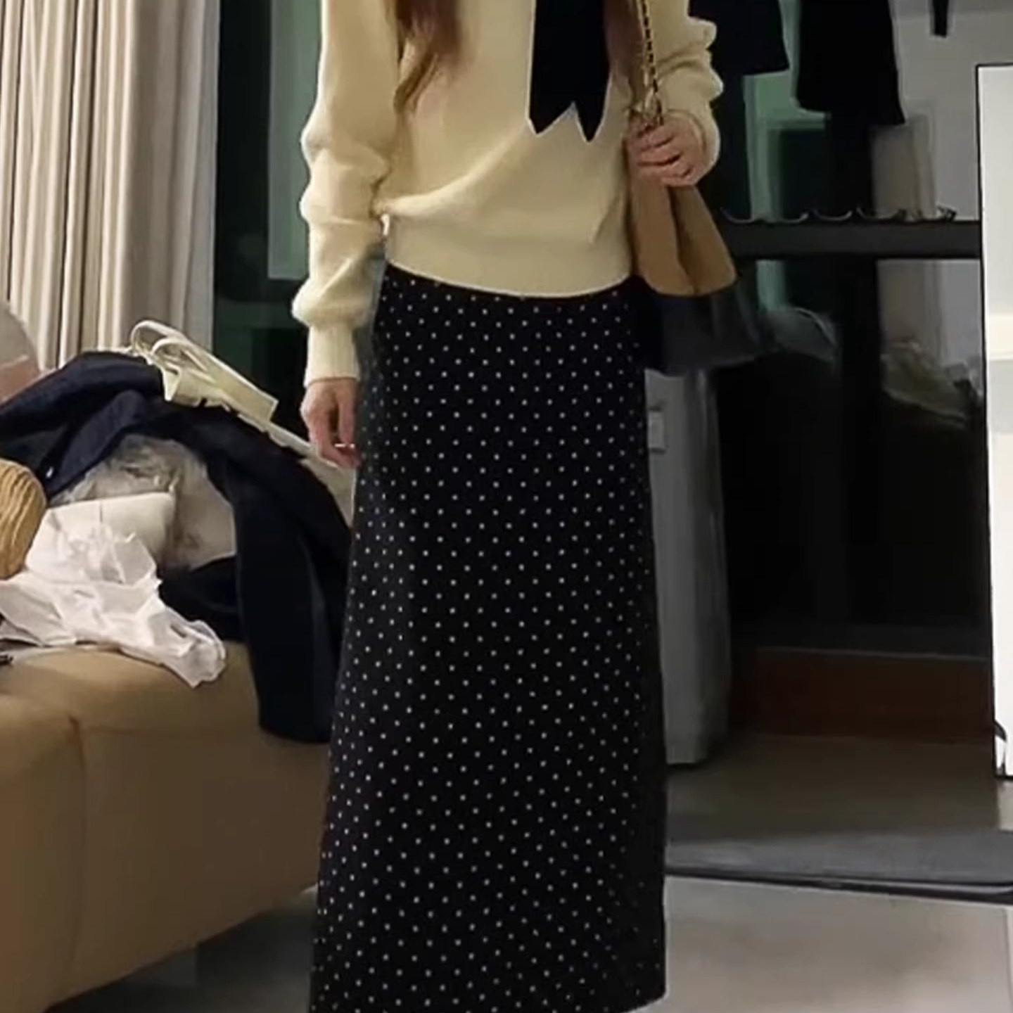黑色波点休闲半身裙女春季大码胖mm遮肚显瘦梨形身材中长款a字裙
