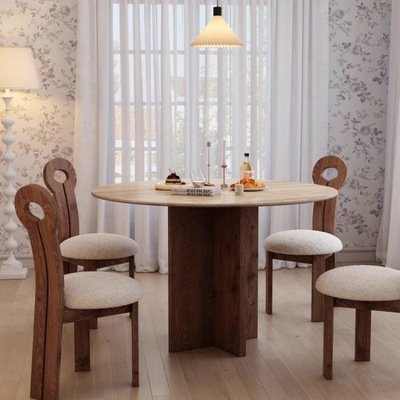 法式洞石岩板复古实木饭桌小户型中古风实木餐桌椅组合家用圆形创