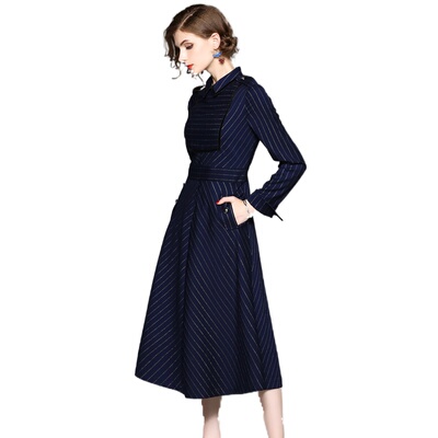 奈昕个性化私人订制 37524 条纹气质都市简约风长袖春季连衣裙