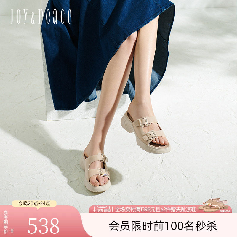 真美诗2025年夏新款羊皮双排扣运动休闲通勤凉鞋厚底拖鞋女外穿