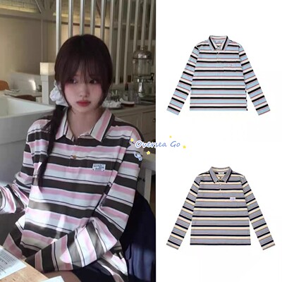 学院风条纹polo翻领休闲长袖T恤