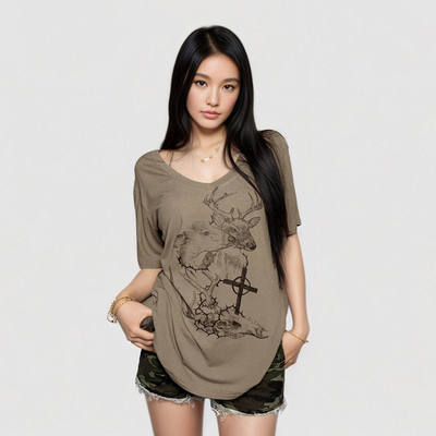 美式复古卡其色印花一字肩短袖T
