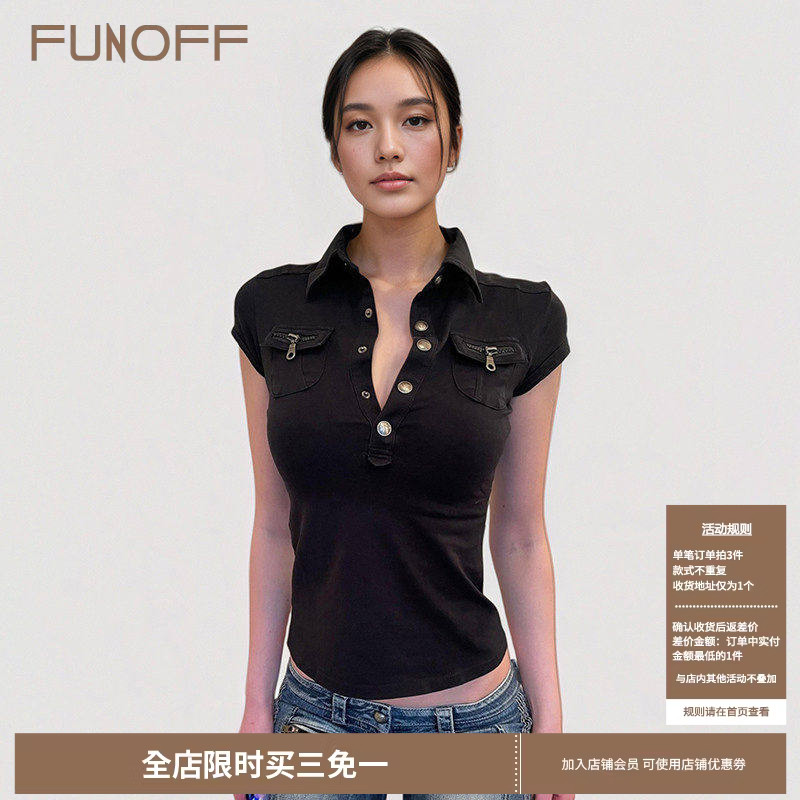 FUNOFF 美式复古黑色POLO领口袋短袖衬衫辣妹翻领收腰短袖T恤上衣