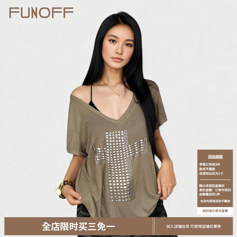 FUNOFF 美式街头V领烫铜十字架斜肩短袖T恤复古亚文化宽松上衣夏