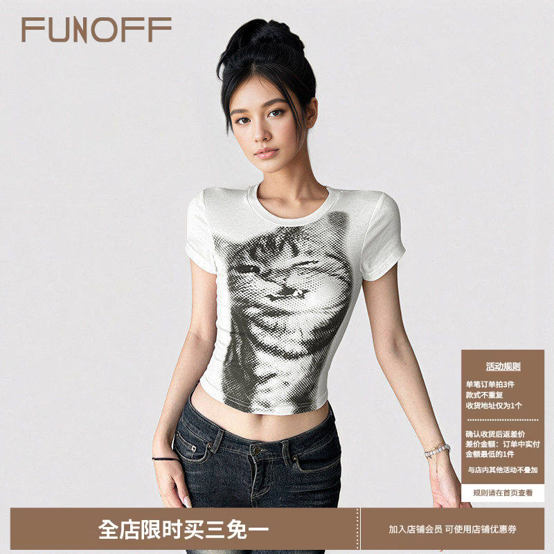 FUNOFF 美式简约猫咪印花露脐短袖T恤2026夏基础白色圆领收腰上衣