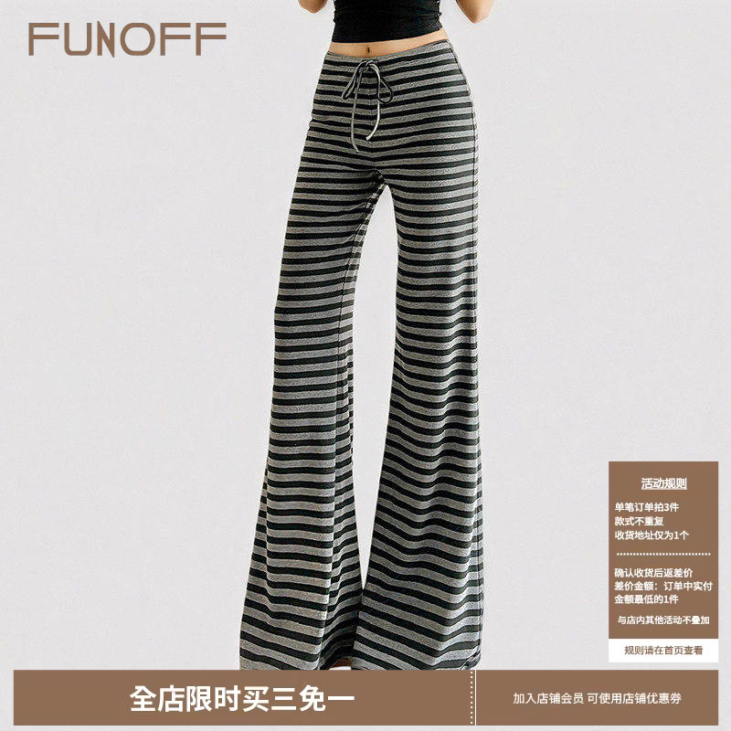 FUNOFF 美式复古撞色条纹绑带针织休闲长裤运动风微喇居家遛弯裤