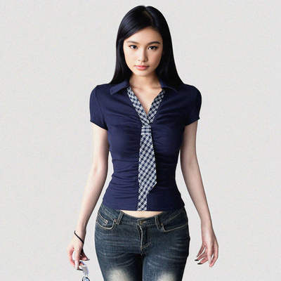美式学院风V领POLO领短袖衬衫夏