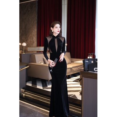 尤克菲儿 轻奢高定丝绒拼接网纱裙气质优雅高级显瘦高腰鱼尾裙