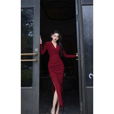 YOUKEFEIER原创设计秋季水晶麻纱修身包臀紧身收腰气质性感连衣裙