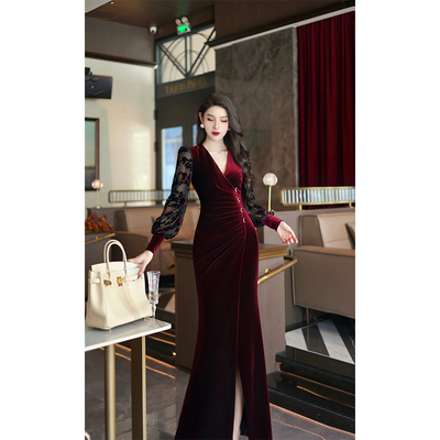 【尤克菲儿】原创高定丝绒烧花气质长袖轻奢时尚修身优雅连衣裙