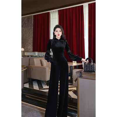 【尤克菲儿】原创设计高定丝绒秋冬季新款长袖手工钉钻轻奢连体裤